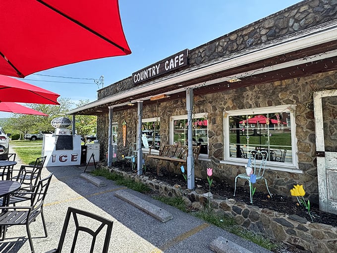 The stone exterior of Country Café stands like a culinary fortress in Harpers Ferry, promising comfort food treasures within those rustic walls.