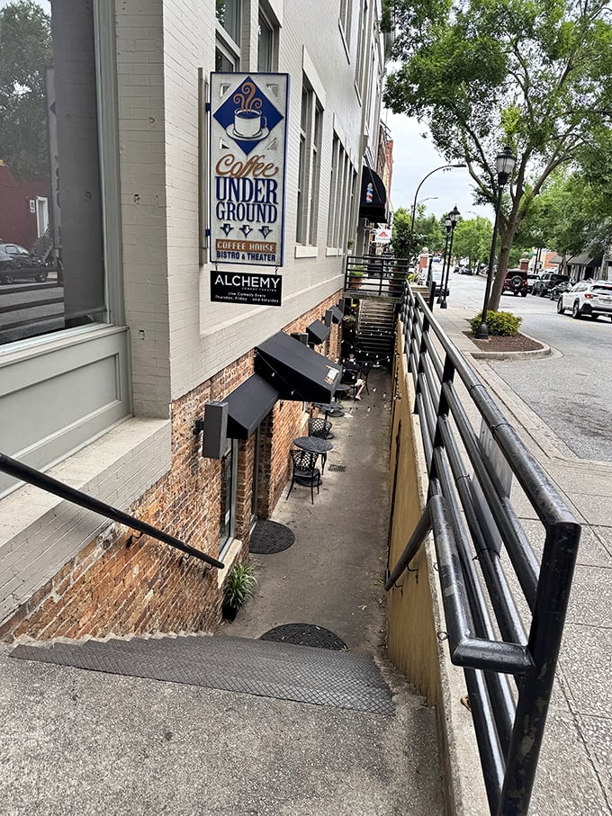 The stairway to coffee heaven beckons from downtown Greenville. Like Alice's rabbit hole, but with caffeine waiting at the bottom.