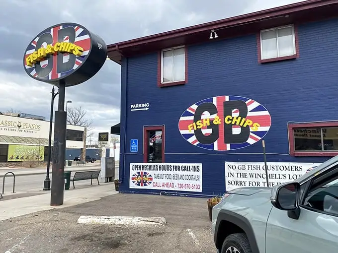 The unmistakable blue exterior with Union Jack logos announces GB Fish & Chips like a British embassy on Colorado soil. Fish diplomacy at its finest!