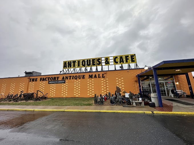 The bright yellow exterior of Factory Antique Mall stands like a beacon for treasure hunters, promising adventures that'll make your local flea market seem like amateur hour.