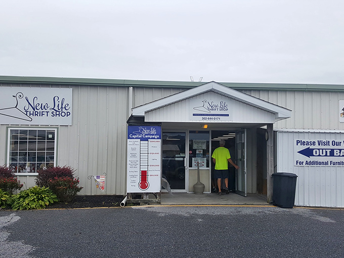 The unassuming exterior of New Life Thrift Shop in Lewes hides a treasure trove within—like finding a blockbuster movie in plain DVD packaging.