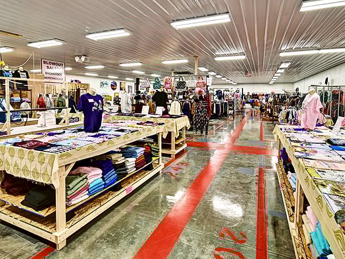 Wide aisles with blue-striped floors guide you through this treasure hunter's paradise. The metal ceiling reflects both light and possibility.