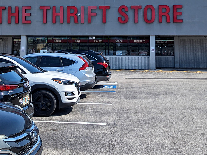 The no-frills exterior belies the wonderland within. Like a treasure chest, The Thrift Store's unassuming façade is the perfect disguise for bargain hunters.