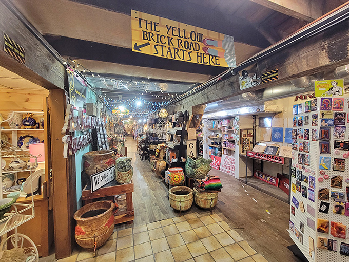 The iconic Conoco sign welcomes treasure hunters to this repurposed gas station, where seasonal decorations spill onto the porch like a festive welcome committee.