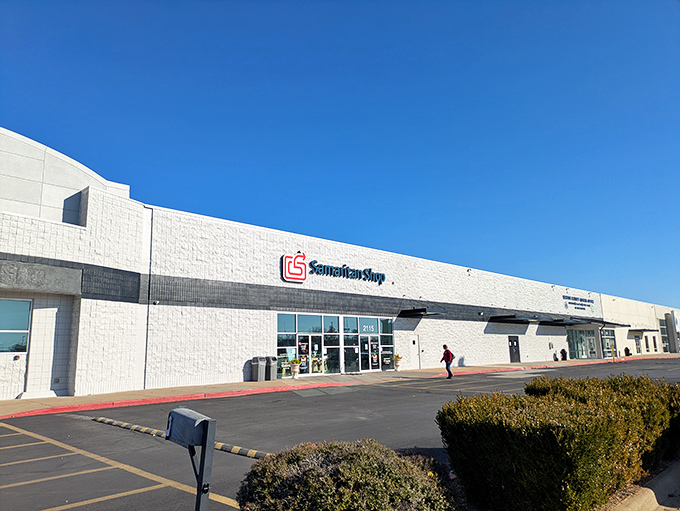 The blue sky seems to be celebrating the Samaritan Shop's existence just as much as bargain hunters do. A thrifter's paradise awaits.