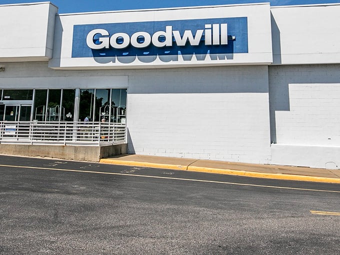 The unassuming exterior belies the treasure trove within. Like a Vegas casino, this Goodwill Outlet keeps its best secrets hidden behind a modest facade.