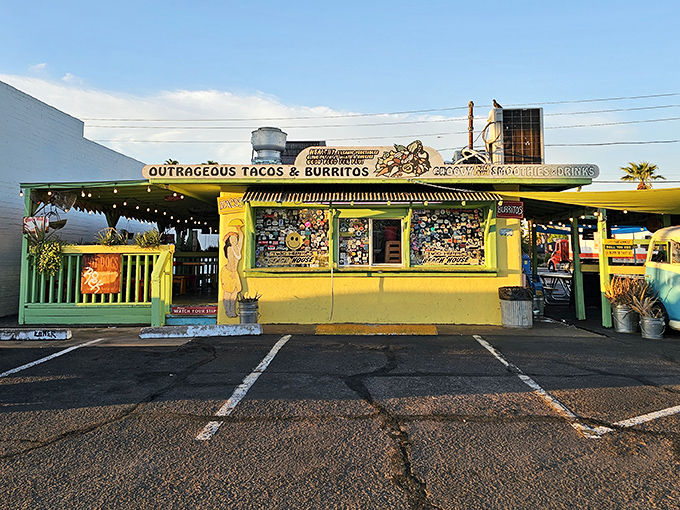 The Beach House announces itself with "OUTRAGEOUS TACOS & BURRITOS" – a promise they deliver on with technicolor enthusiasm.