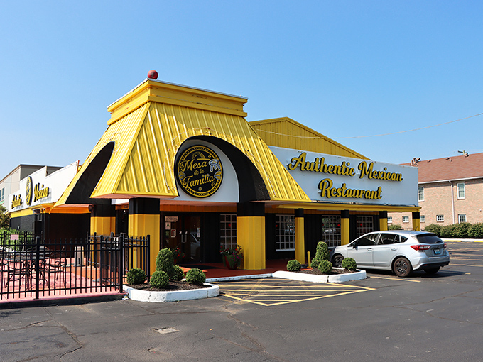 The sunshine-yellow exterior of Mesa de la Familia stands out like a beacon of culinary hope in Louisville, promising authentic Mexican flavors inside.