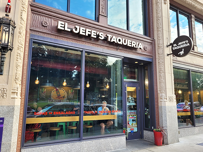 The historic façade of El Jefe's Taqueria on Boylston Street beckons hungry passersby with promises of Mexican delights just steps from Boston Common.