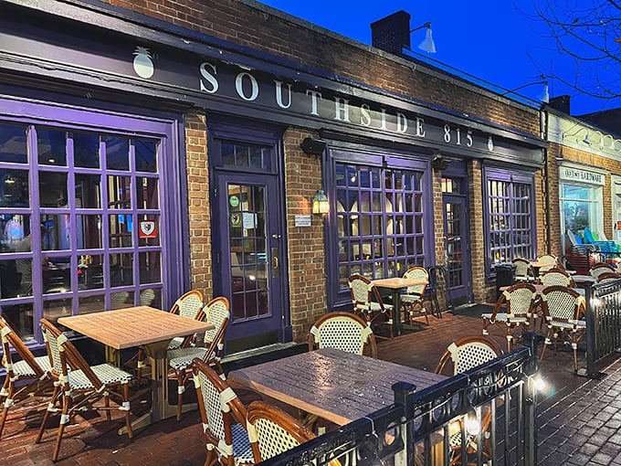 Those purple window frames aren't just for show—they're like a secret handshake for food lovers who know what awaits inside this Alexandria gem.