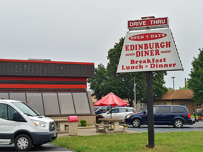 The classic roadside sign promises exactly what Indiana craves: honest food served all day. No pretension, just the promise of satisfaction.