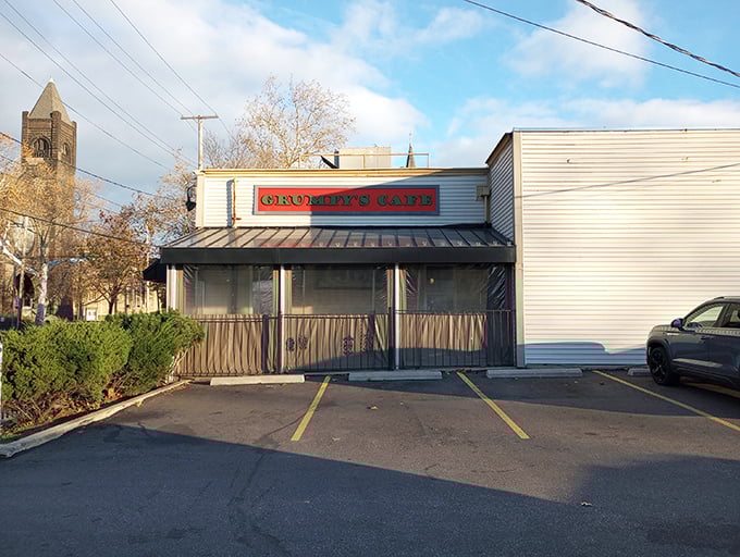 The unassuming exterior of Grumpy's Cafe in Cleveland hides culinary treasures within. Don't let the name fool you—there's nothing but happiness inside.