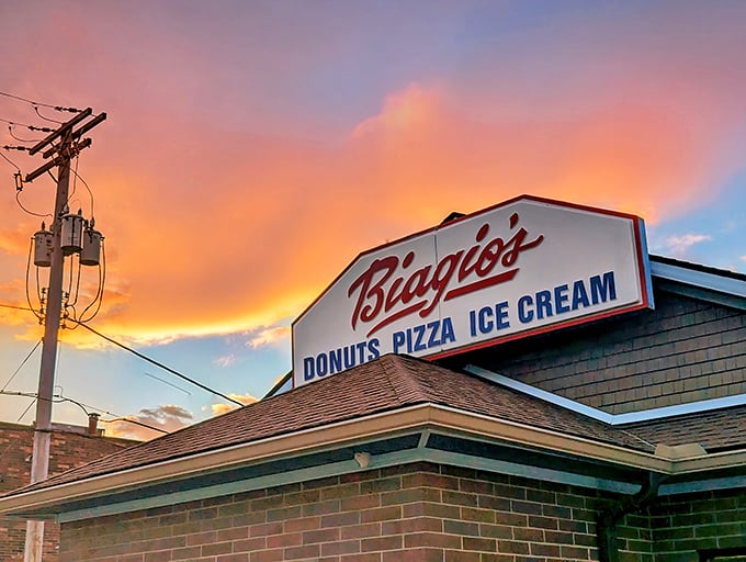 The unassuming brick exterior of Biagio's promises three simple pleasures that somehow make perfect sense together: donuts, pizza, and ice cream.