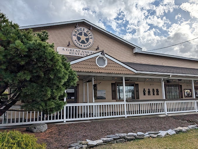 The Western frontier meets Pennsylvania hospitality at Dodge City Steakhouse's inviting exterior. That star logo isn't just for show—it's practically a beacon for hungry travelers.