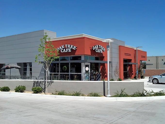 The bright red exterior of Oak Tree Cafe stands out like a beacon for sandwich seekers, promising delicious refuge from Albuquerque's desert heat.