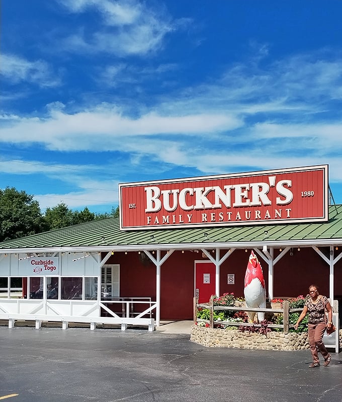The red barn-like exterior of Buckner's stands as a beacon of Southern comfort food, promising family-style feasts worth the drive from anywhere in Georgia.