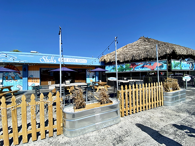 The unassuming blue exterior of Shells Seafood hides culinary treasures within. Like finding a pearl in an oyster, the modest façade belies the seafood magic happening inside.