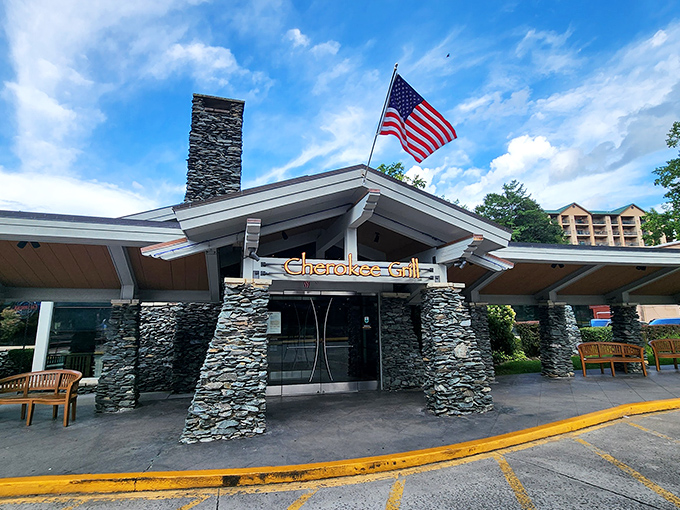 Stone pillars that mean business! Cherokee Grill's rustic mountain lodge exterior promises what every hungry traveler hopes for—authenticity with a side of comfort.