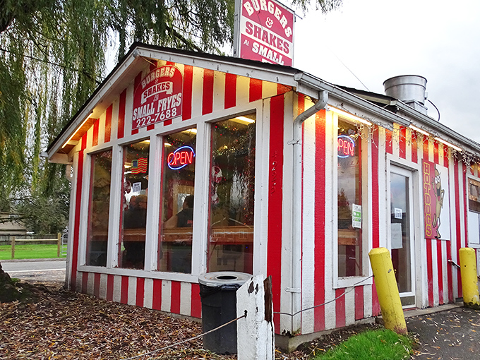The candy-striped wonderland of Small Fryes stands like a beacon of comfort food in Fall City, promising delicious simplicity under those weeping willows.