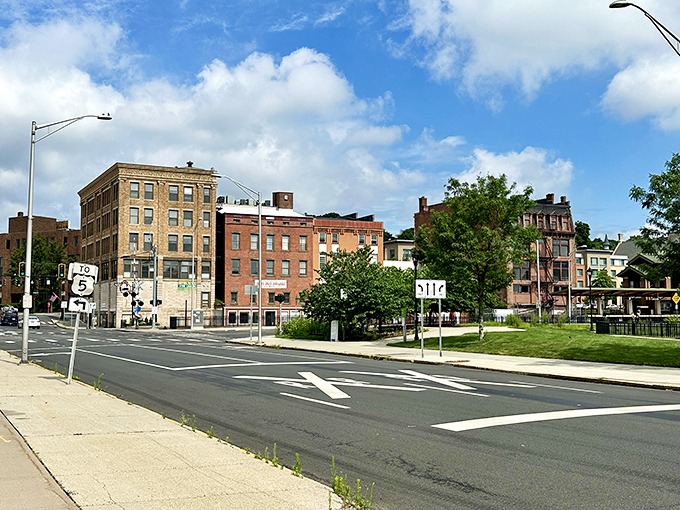Downtown Meriden showcases its historic architecture against a bright blue sky, where affordability meets New England charm.