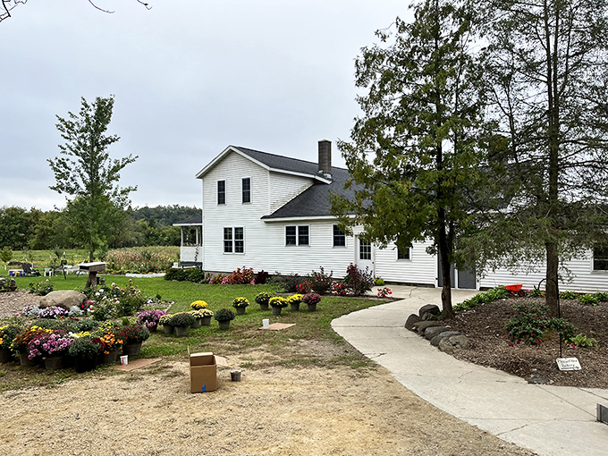 A slice of Americana awaits at Pleasant View Bakery's charming white farmhouse, where colorful flower beds welcome visitors to this Amish baking paradise.