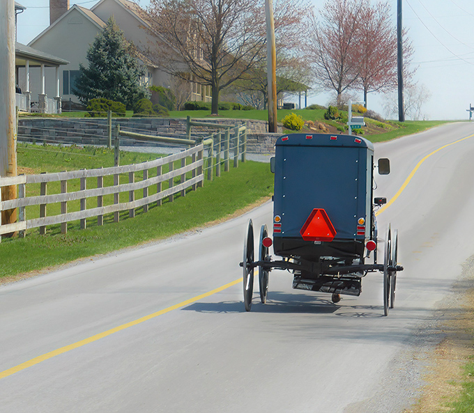 The classic Amish buggy against a church backdrop isn't just transportation—it's a moving postcard of a simpler time that somehow feels right at home in 2023.
