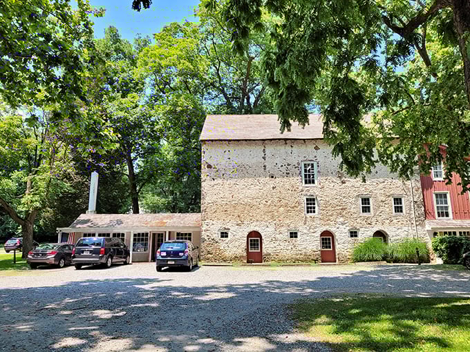 The historic stone facade of Baldwin's Book Barn stands proudly among the trees, like a literary fortress guarding centuries of stories within its walls.
