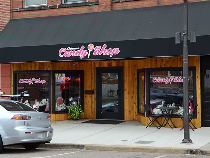 The wooden facade and pink neon sign of Chippewa Candy Shop beckon like a sweet siren call to your inner child.