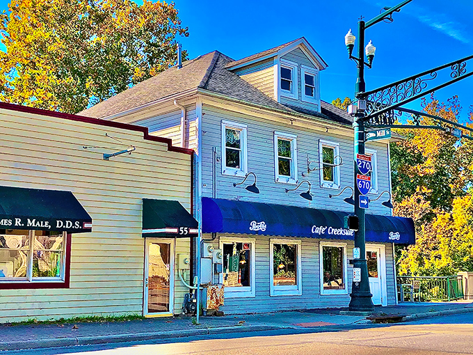 Café Creekside's charming blue awning welcomes hungry visitors to this two-story slice of Americana nestled in historic Gahanna, where breakfast dreams come true.