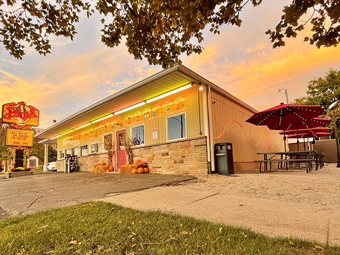 Sunset magic at Paul's Drive In. The golden hour transforms this Shelby landmark into a nostalgic postcard from a time when dinner wasn't ordered through an app.