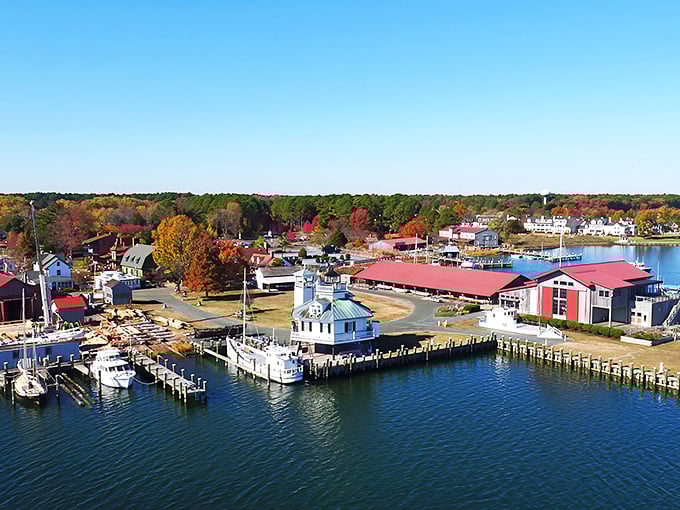 From this aerial view, Saint Michaels reveals itself as a watercolor painting come to life—where historic charm meets Chesapeake blue in perfect harmony.