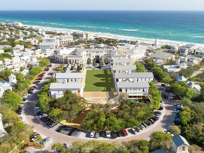 Seaside's aerial view reveals its perfect circular design and pristine beaches—like someone dropped a Norman Rockwell painting onto Florida's Emerald Coast.
