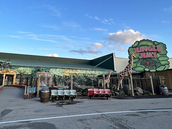 Welcome to grocery paradise! Jungle Jim's iconic entrance, complete with life-sized giraffe, promises an adventure that's anything but your average shopping trip.