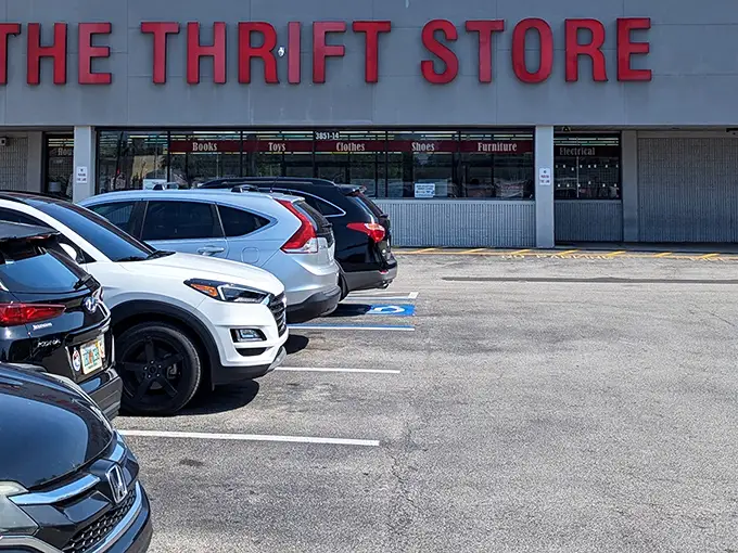 The no-frills exterior belies the wonderland within. Like a treasure chest, The Thrift Store's unassuming façade is the perfect disguise for bargain hunters.