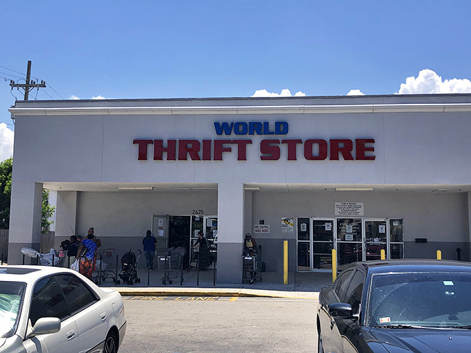 The unassuming exterior of World Thrift belies the treasure trove within – like finding a pirate's chest disguised as a mailbox.