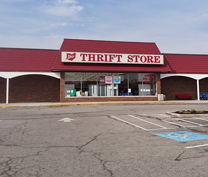 The iconic red roof of Ohio Thrift Store beckons like a lighthouse for bargain hunters. This Columbus landmark promises treasures waiting to be discovered inside.