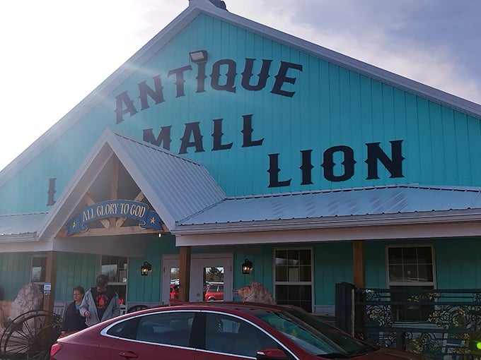 The turquoise beacon of Land Lion Antique Mall stands out against the Ohio sky like a vintage-lover's North Star, guiding treasure hunters to their destination. 