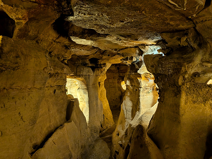 Nature's own chandelier factory has been hard at work for millennia, crafting these delicate stalactites that dangle like prehistoric icicles frozen in time.