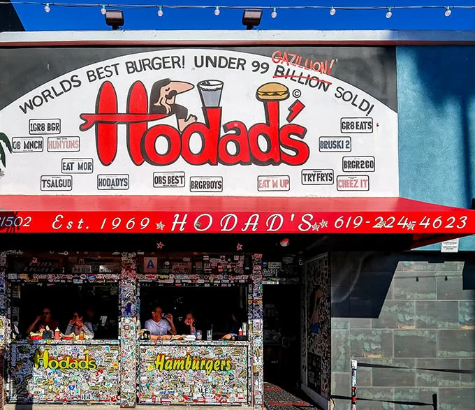 Bold signage announces this isn't your average burger joint – it's a California legend in the making.