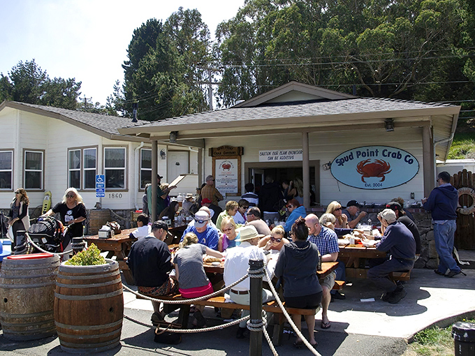 The unassuming seafood sanctuary of Spud Point Crab Company stands proudly against the Bodega Bay sky, where maritime charm meets culinary excellence.