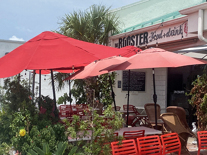 The Rooster's charming exterior with its mint-green roof and vibrant red umbrellas feels like Florida's answer to a cozy Southern porch party.