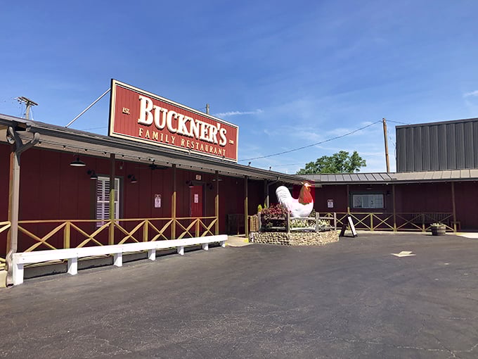 The red barn-like exterior of Buckner's stands as a beacon of Southern comfort food, promising family-style feasts worth the drive from anywhere in Georgia.