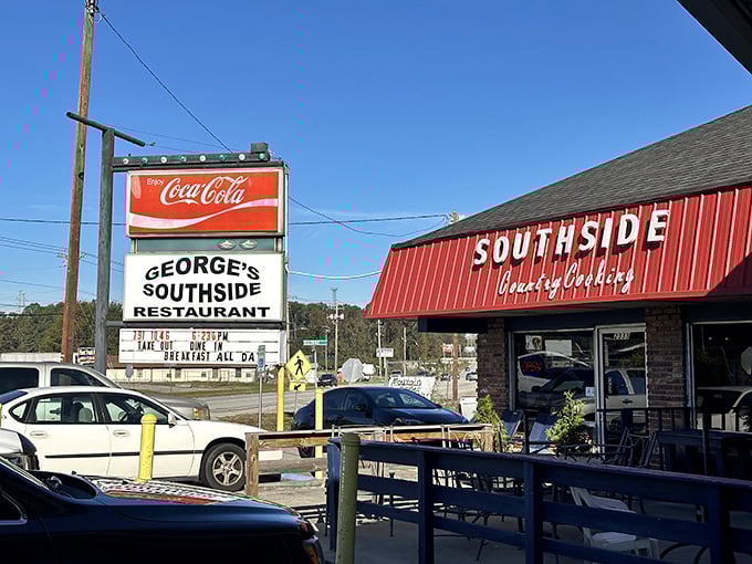 The bright red awning of George's Southside Restaurant stands like a beacon of hope for hungry travelers in Cayce. Southern comfort food paradise awaits!