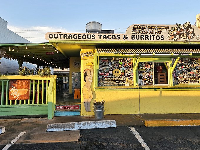 The Beach House announces itself with "OUTRAGEOUS TACOS & BURRITOS" – a promise they deliver on with technicolor enthusiasm.