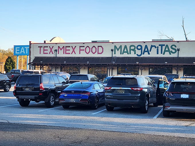The unassuming exterior promises little, delivers everything – like finding a diamond ring in your taco. TEX-MEX FOOD and MARGARITAS: the only signage you really need.