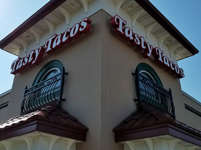 The modest exterior of Tasty Tacos belies the culinary treasures within—like finding a diamond mine disguised as a garden shed.