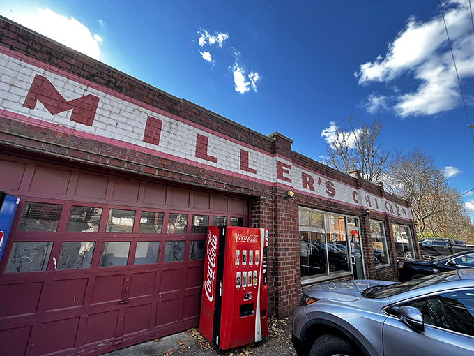 The brick facade of Miller's Chicken stands like a humble temple to fried poultry perfection, its simple sign promising delicious treasures within.