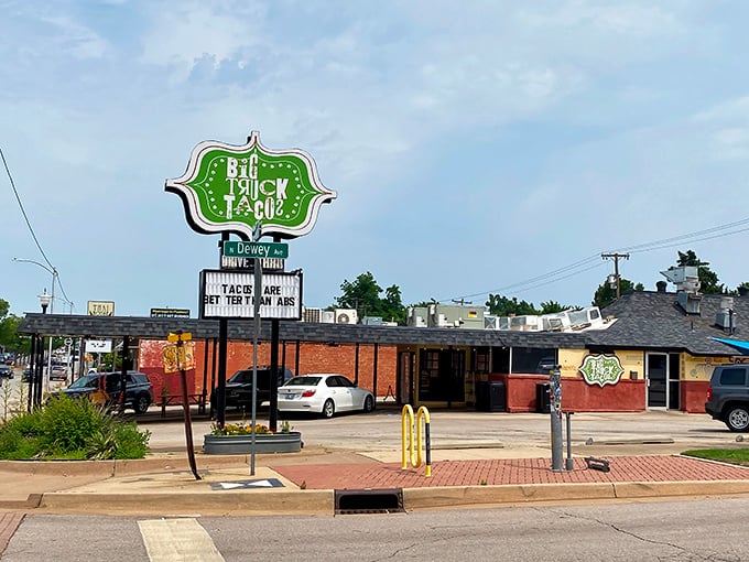 The unassuming exterior of Big Truck Tacos glows like a beacon of hope for hungry OKC residents. Taco paradise awaits inside!