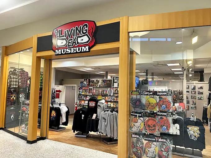 The storefront beckons horror fans with its iconic logo—those zombie eyes practically dare you to enter this undead paradise.