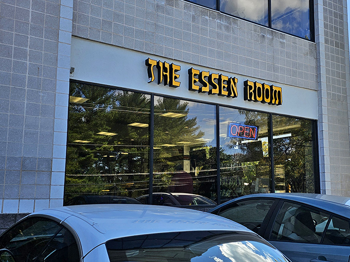 The gleaming façade of The Essen Room beckons like a lighthouse for the hungry, promising Jewish deli treasures within its unassuming shopping center home.